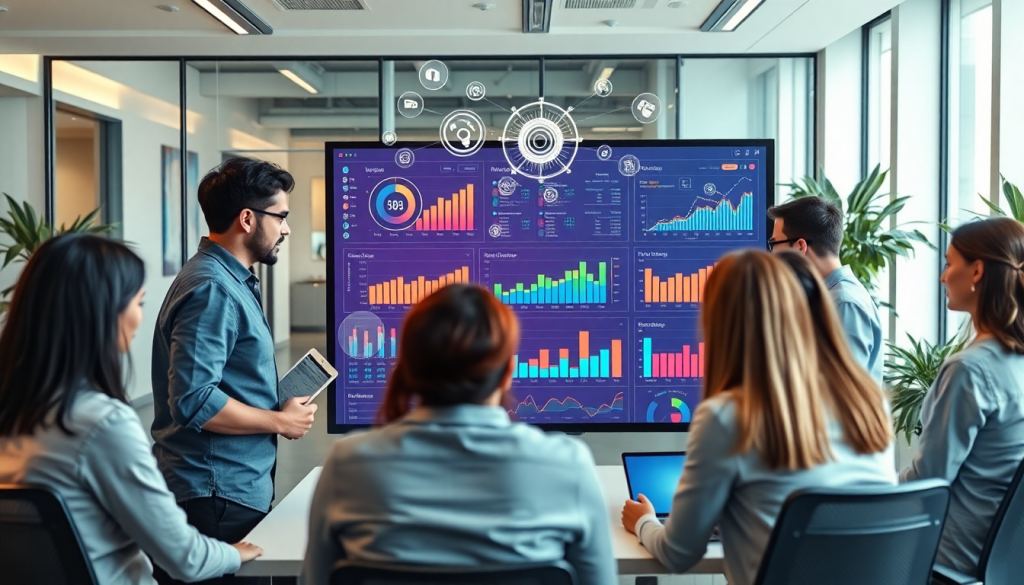 "Team reviewing automated KPI reporting dashboard with marketing ...